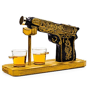 Hand Painted Pistol Whiskey & Wine Decanter by The Wine Savant - Pistol Whiskey Gun Decanter & 2 Bullet Shot Glasses - Military Gifts, Veteran Gifts, Law Enforcement Gifts, Home Bar Gifts, Drinking
