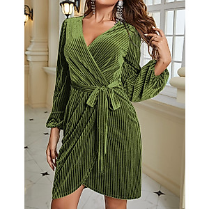 MEROKEETY Women's 2024 Long Sleeve Wrap Velvet Mini Dress Sexy V Neck Cocktail Party Club Dress, Olive, M