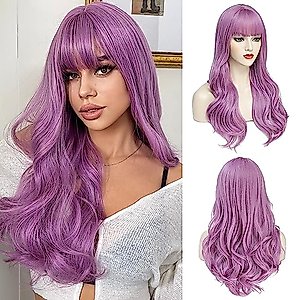 AISI QUEENS Long Purple Wigs for Women Purple Wig with Bangs Lavender Wig for Women Purple Wavy Wigs Purple Synthetic Heat Resistant Wigs for Daily Cosplay Party Winter Holiday Wig (26inch, Purple)
