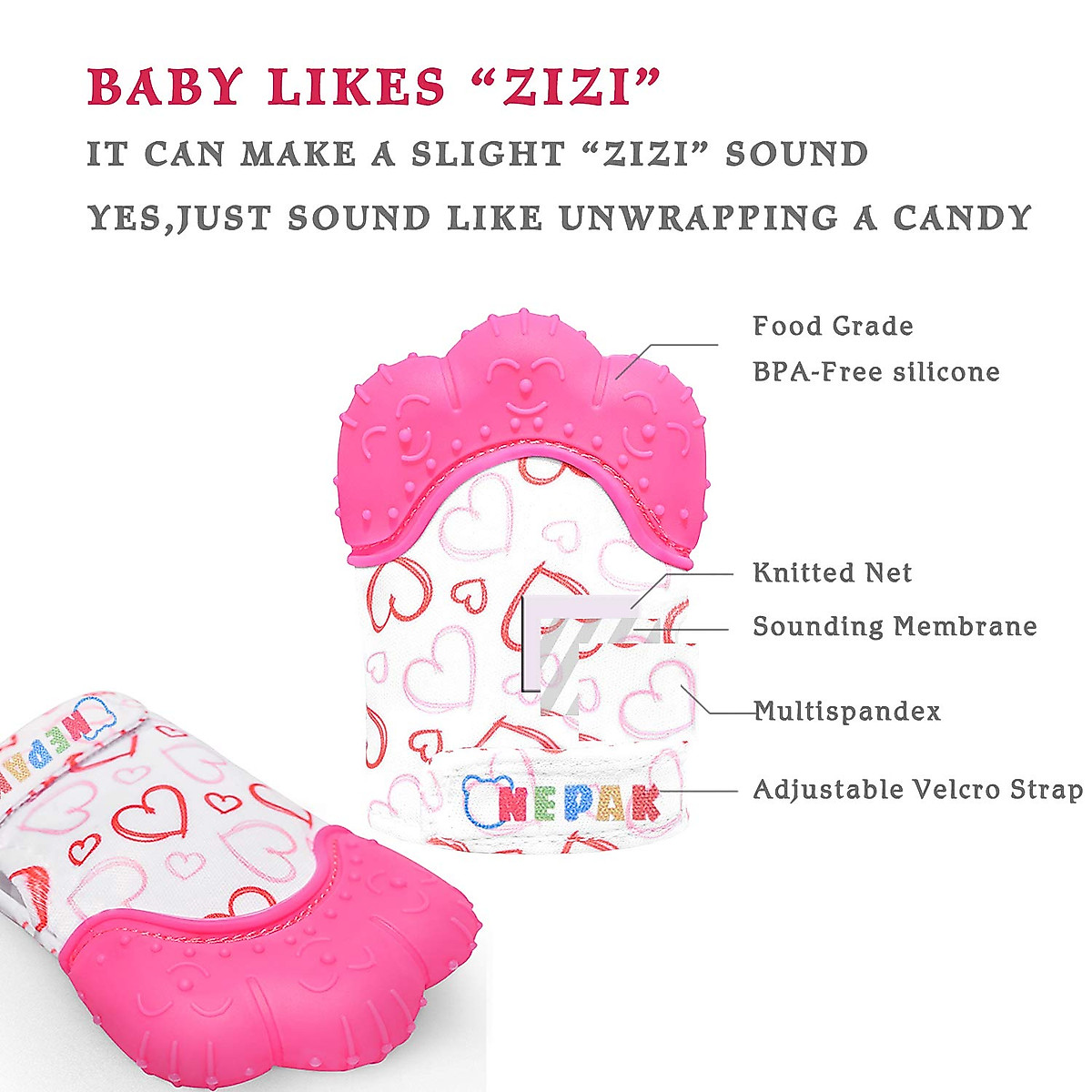 NEPAK Teething Mitten 2 Pcs-Baby Glove Stimulating Teether Toys for Boys & Girls-Teething Glove for 3-6 Months Baby (Pretty Sweet Heart,Pink)