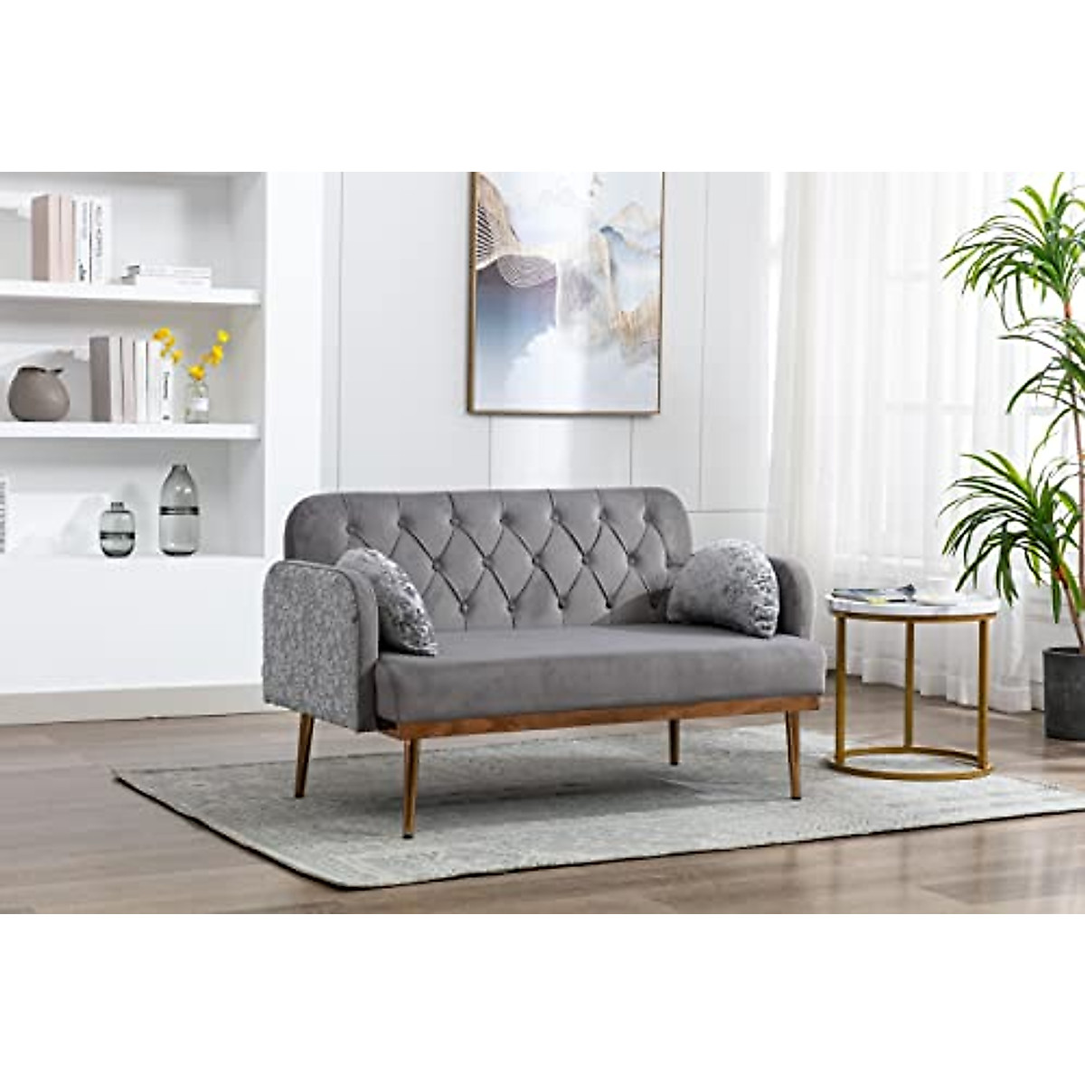 NALLBEIRRAA 56" Accent Sofa, Mid Century Modern Velvet Fabric Couch with 2 Pillow, Velvet Sofa, Loveseat Sofa, Recliner Couch with Gold Metal Feet for Living Room, Bedroom (Grey)