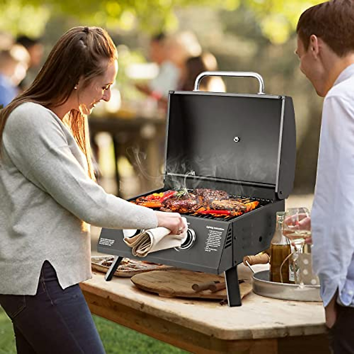 COSTWAY Portable Gas Grill, 20,000 BTU Tabletop Barbecue Grill with 2 Burners, Dual Temperature Control, Folding Legs, Built-in Thermometer, Propane Gas Grill for RV Backyard BBQ Camping Patio, Black