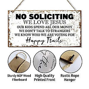 No Soliciting We Love Jesus Happy Trails Sign, Printed Wood Plaque Sign, Hanging Wood Sign Home Decor, Family Signs for Home Decor Gift, No Soliciting Sign, Christian Family Decor Saying Sign 12" x 6"
