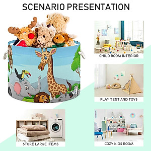 AJINGA Collapsible Round Storage Basket Fabric Toy Chest Organizer, Cartoon Wild Animals Jungle Laundry Basket with Drawstrings for Kids