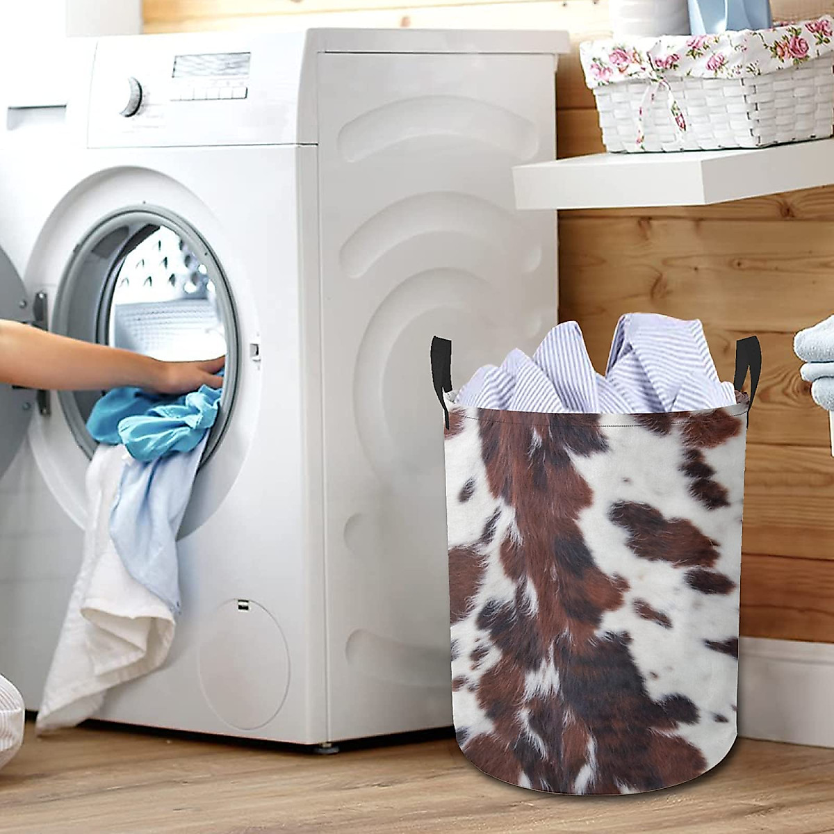 Storage Basket,Longhorn white cowhide with black and brown spots,Collapsible Large Laundry Hamper with Handles for Home Office 17.32"X13.58"