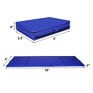 DORTALA Gymnastics Mat, 4'x10' Foldable Gym Exercise Mat with Carrying Handles, 4 Panel Folding Non Slip Mat for Home Gymnastics, Yoga, Fitness, Stretching Training ,Tumbling, Blue