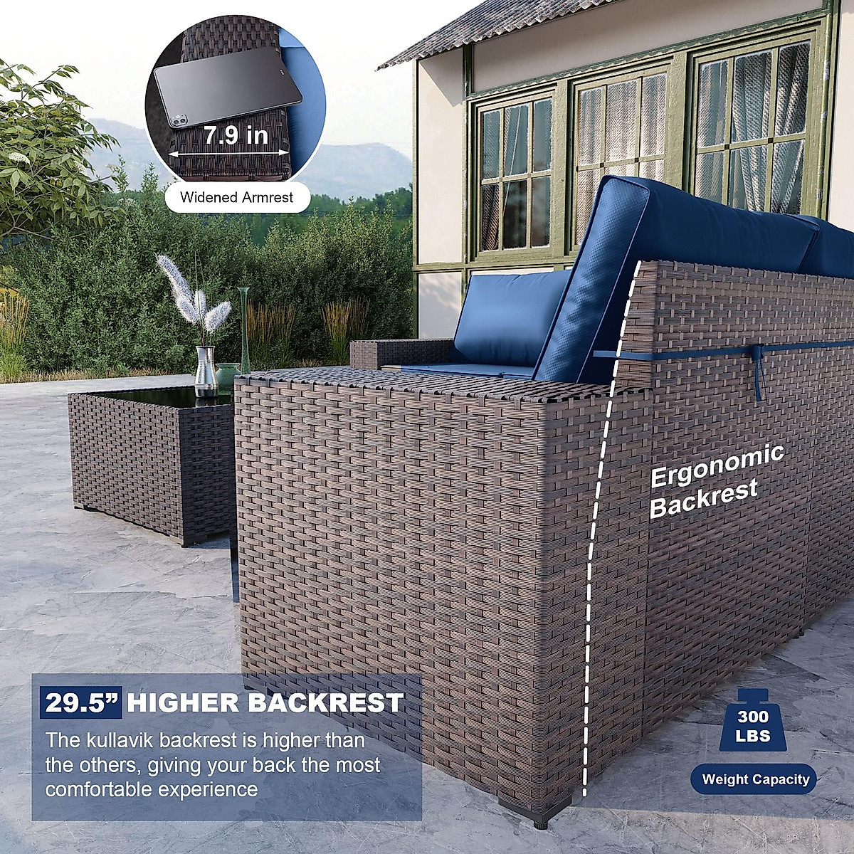 Kullavik 12PCS Outdoor Patio Furniture Set PE Wicker Rattan Sectional Sofa Patio Conversation Sets,Navy Blue