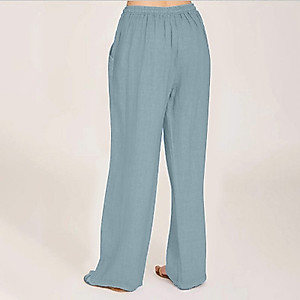 PETYCZEN Women's Cotton Linen Pants Summer Casual Elastic Waist Straight Leg Sweatpants Relaxed Fit Drawstring Wide Leg Pants Loose Beach Palazzo Pants Trousers with Pockets(C-Light Blue,X-Large)