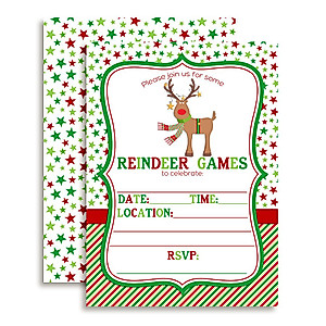 Reindeer Games Holiday Birthday Party Invitations, 20 5x7 Fill In Cards with Twenty White Envelopes by AmandaCreation