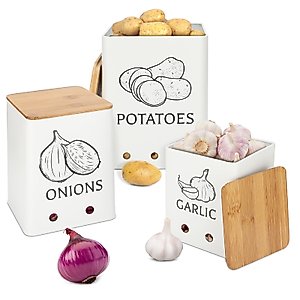 Moondust Wj 3 Pack Vegetable Storage Tins，Potatoes Storage，Metal Onion and Potato Storage Bins，Kitchen Potato and Onion Storage Bin，Onion Storage Containers with Aerating Holes and Wooden Lid.