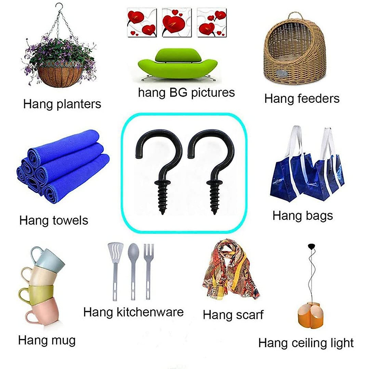 IDEALSV 125 Pcs Screw Ceiling Hooks Black Screw Cup Hooks Lights Hooks 3/4 Inch