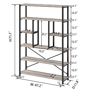 LVB Industrial 6 Tier Bookshelf, Large Tall Open Rustic Vintage Etagere Bookcase, Gray Big Wide Modern Farmhouse Wood and Metal Book Shelf for Home Bedroom Living Room Office Storage, Light Grey Oak