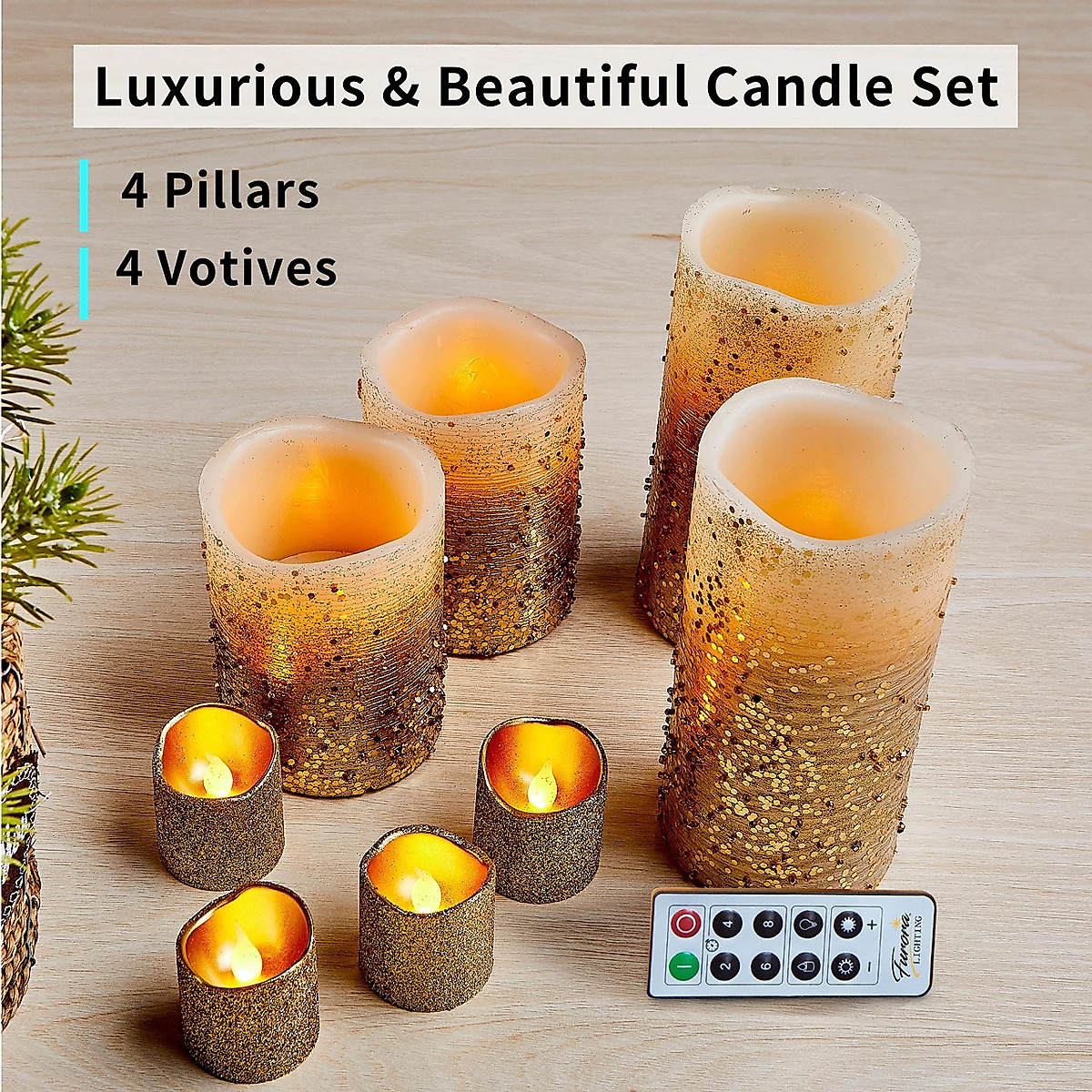 FURORA LIGHTING Gold Glitter Real Wax Candles with Remote and Timer, 4 Pillars and 4 Votives Pack of 8, LED Flameless Flickering Candles for Home Décor, Battery Included