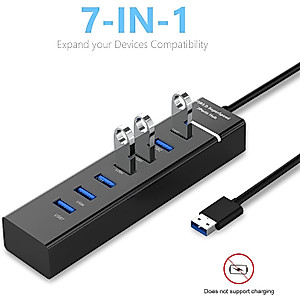 W Come Ture Data Black USB Hub Splitter 7-Port USB 3.0 Hub with 11.8 inch Long Cable Powered USB Hub for Laptop, PC, MacBook, Mac Pro, Mac Mini, iMac, Surface Pro and More