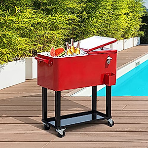 Outsunny 80 QT Rolling Cooling Bins Ice Chest on Wheels Outdoor Stand Up Drink Cooler Cart for Party, Red