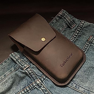 TarbicGear Leather Phone Pouch for Belt, S22 Ultra Belt Clip Holder for Men, Large Phone Holster, iPhone 13 Pro Max Belt Clip Case, Universal Smartphone Leather Sheath
