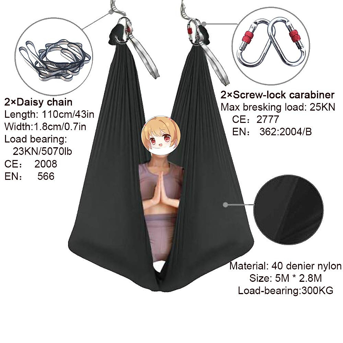 FOSER Aerial Yoga Hammock Aerial Yoga Swing with Daisy Chains Carabiners For Inverted Gravity Yoga Flip with Instruction Manual 5M×2.8M (Black)