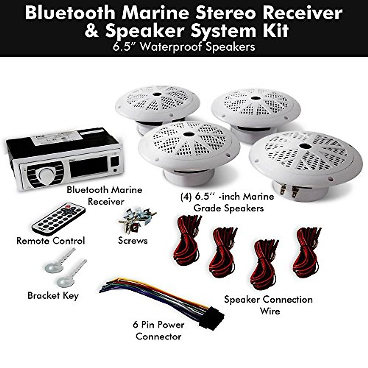 Pyle Marine Radio Receiver Speaker Set 12v Single Din Style Bluetooth Compatible Waterproof Digital Boat In Dash Console System with Mic 4 Speakers, Remote Control, Wiring Harness PLMRKT38W (White)