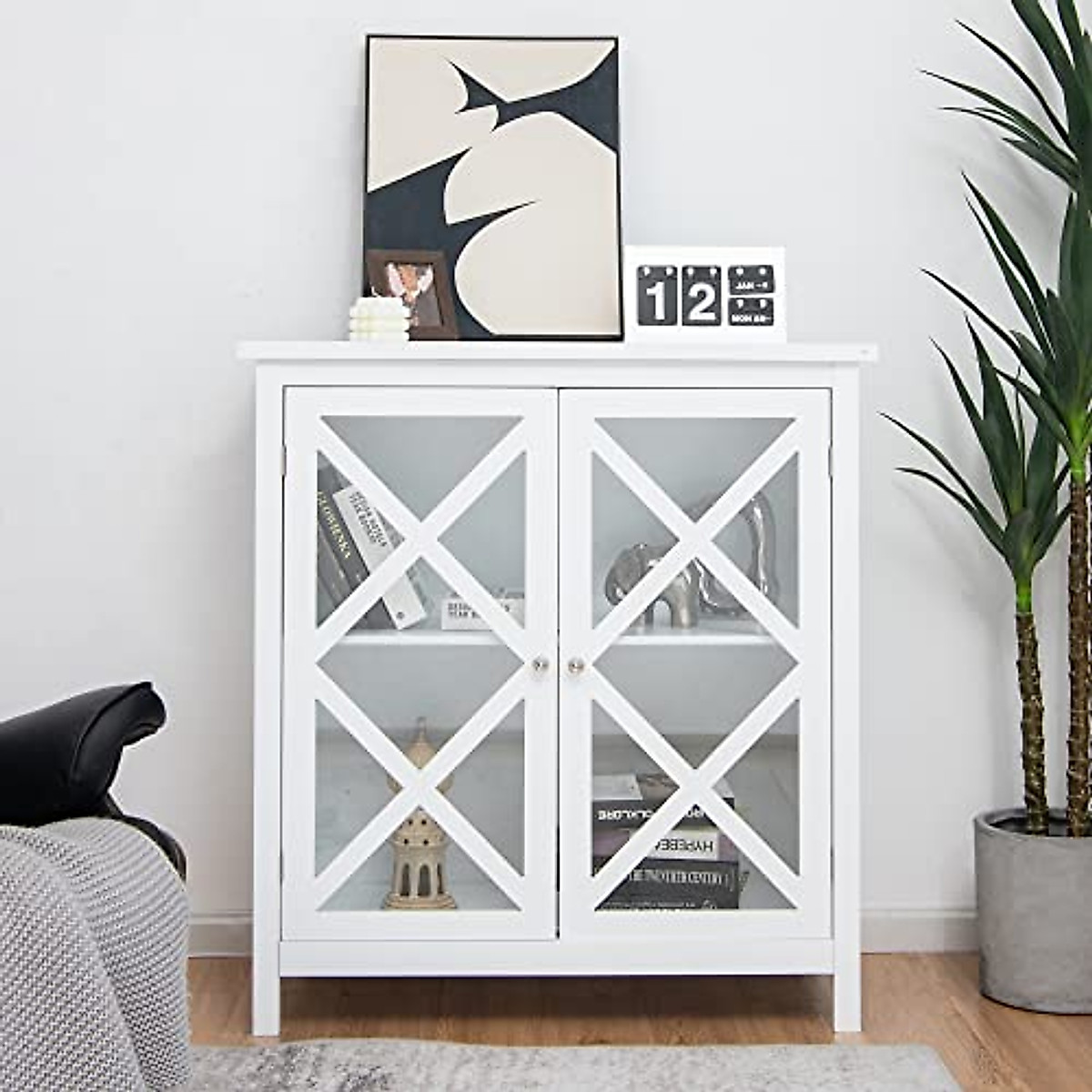 LOKO Buffet Cabinet, Kitchen Storage Cabinet with Tempered Glass Doors & Adjustable Shelves, Sideboard Cabinet Liquor Cabinet for Kitchen, Living Room, 35.5 x 15.5 x 38 inches (White)