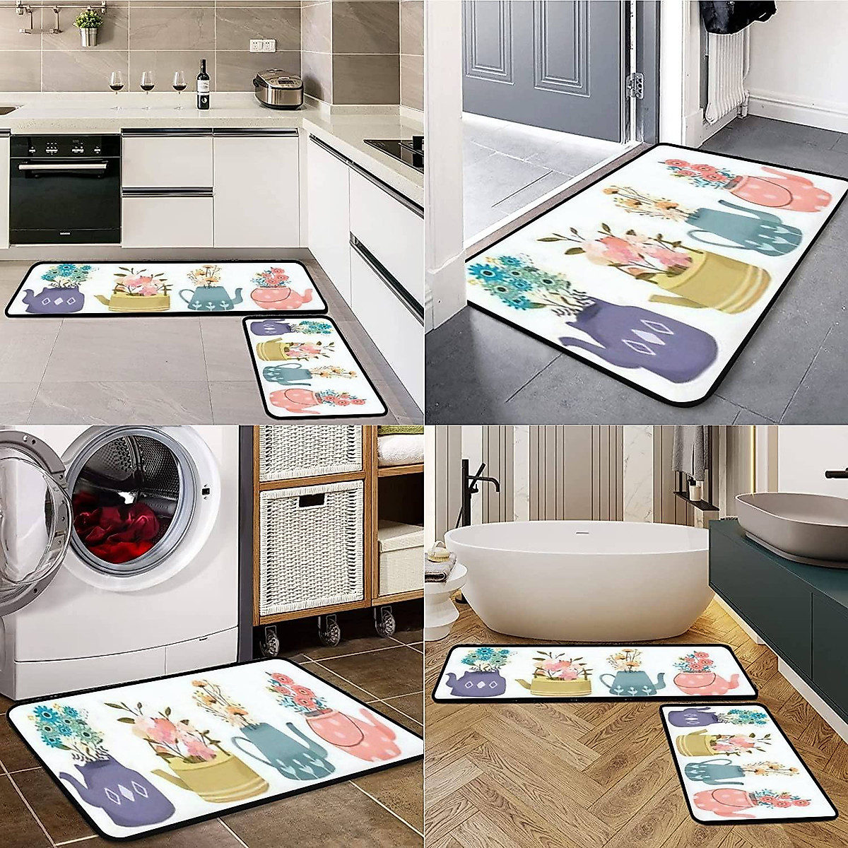 Kitchen Rugs Set Bouquet Flower teapot Set Graphic About Flower Kitchen Mat for Floor Non-Slip Washable Kitchen Runner Doormat Bath Rug Carpet Comfort Standing Mats Decorations