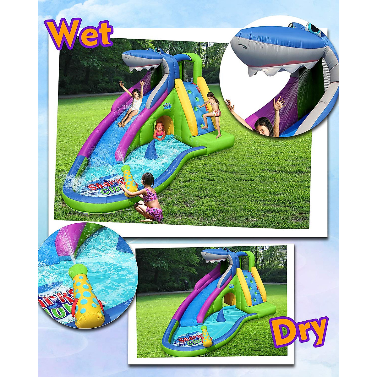 ACTION AIR Inflatable Water Slide, Shark Bounce House with Slide for Wet and Dry, Playground Sets for Kids Backyard, Water Spray & Water Pool, Durable Sewn with Extra Thick Material