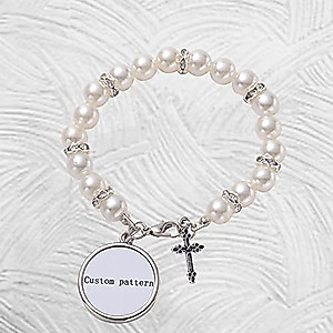 Custom Christian Charm Bracelets for Women Faith-Personalized Bracelets for Women with Picture-Engraved Cross Bracelet for Women Beaded Grandma Mother Daughter Easter Adjustable (White)