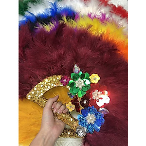 Msbfea African Wedding Party Feather Fan Big Size African White Feather Wedding with Shiny Sequins Flower Feather Fan Color 322