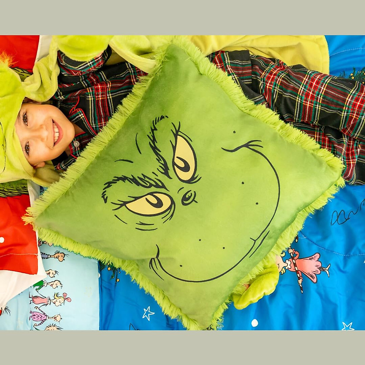 Franco Cuddle Buddy, Regular, Grinch Faux Fur Dec Pillow, 18 in x 18 in