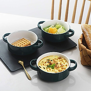 Sweejar Ceramic Soup Bowls with Double Handles, 20 Oz Stacked Bowls for French Onion Soup, Cereal, Pot Pies, Stew, Chill, Pasta, Set of 4 (Jade)