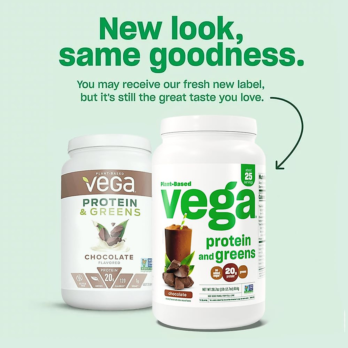 Vega Protein and Greens Protein Powder, Chocolate - 20g Plant Based Protein Plus Veggies, Vegan, Non GMO, Pea Protein for Women and Men, 1.2 lbs (Packaging May Vary)