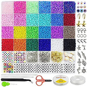 Redtwo 8000pcs 3mm Glass Seed Beads for Bracelet Making Kit, Small Beads Friendship Jewelry Making Kit, Tiny Waist Beads Kit with Letter Beads and Elastic String, DIY Art Craft Girls Gifts