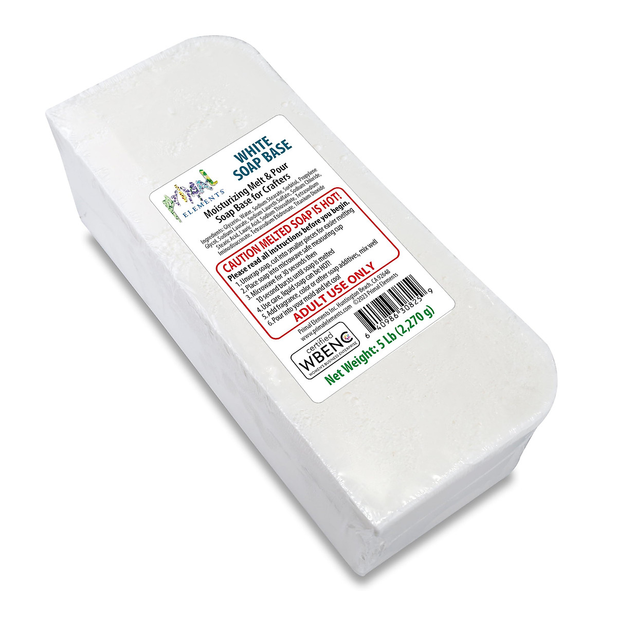 Primal Elements White Soap Base - Moisturizing Melt and Pour Glycerin Soap Base for Crafting and Soap Making, Vegan, Cruelty Free, Easy to Cut, Unscented - 5 Pound