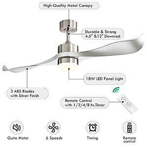 WINGBO 52" DC Ceiling Fan with Lights and Remote, Brushed Nickel and Silver Ceiling Fan, 2 Curved ABS Plastic Blades, 6-Speed DC Motor, Modern Ceiling Fan for Kitchen Bedroom Living Room, ETL Listed