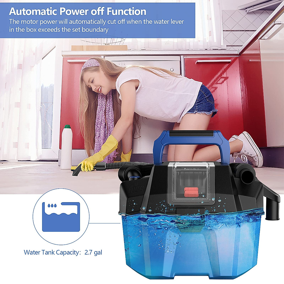 COSTWAY Wet Dry Vacuum Cleaner, 4 Peak HP 2.7 Gallon CRA Vacuum with Blower, Attachement, Rechargeable Battery, Portable Shop Vacuum Cleaner for Workshop, Car, Garage, Home (Blue)