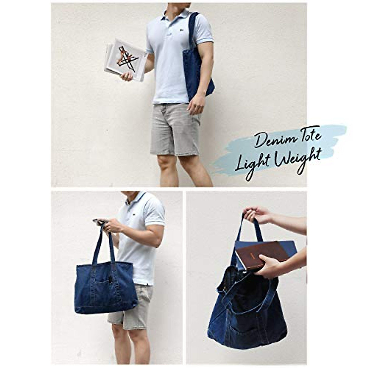 HOXIS Light Weight Soft Denim Tote Unisex Shopper Shoulder Handbag (Navy)