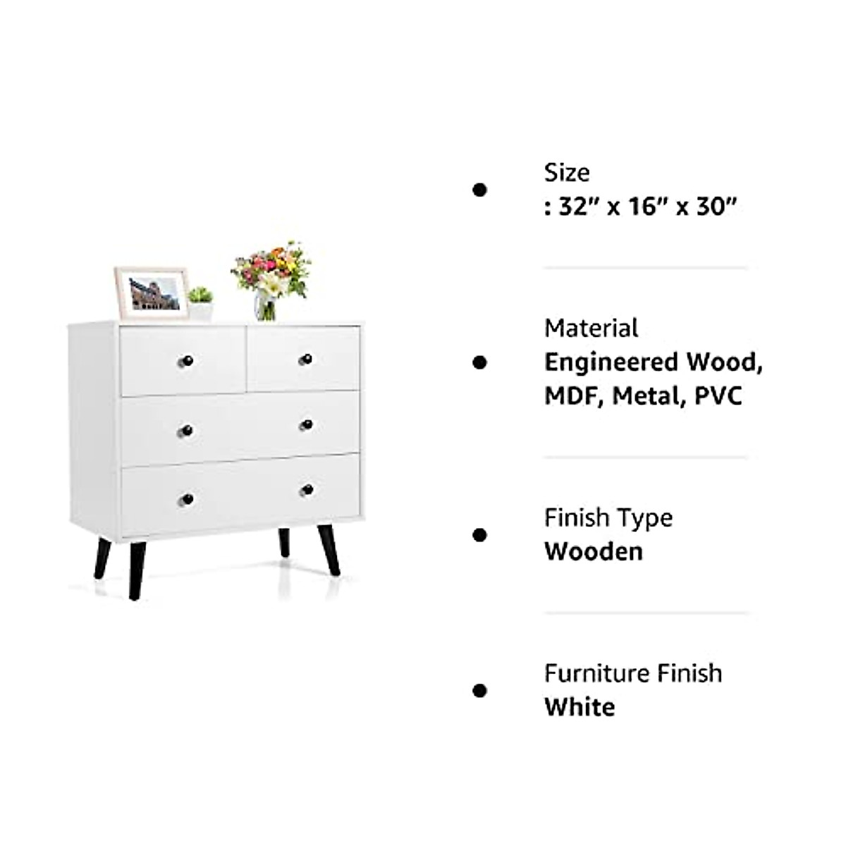 Tangkula 4 Drawer Dresser, Wooden Chest of Drawers, Freestanding Storage Cabinet with Legs & Metal Handles, Modern Storage Drawer for Bedroom, Living Room, Cloakroom, Nursery Room (White)