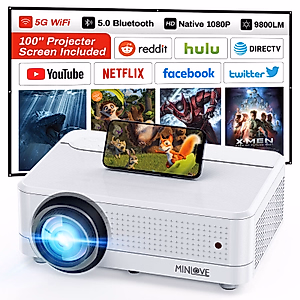 5G WiFi Bluetooth Projector,MINLOVE Native 1080P Home Movie Theater Projector with 100" Screen,450" Display 9800L Full HD Video Projector for Business Ceiling,for HDMI,iOS,Android,TV Stick,PC,PS5,USB