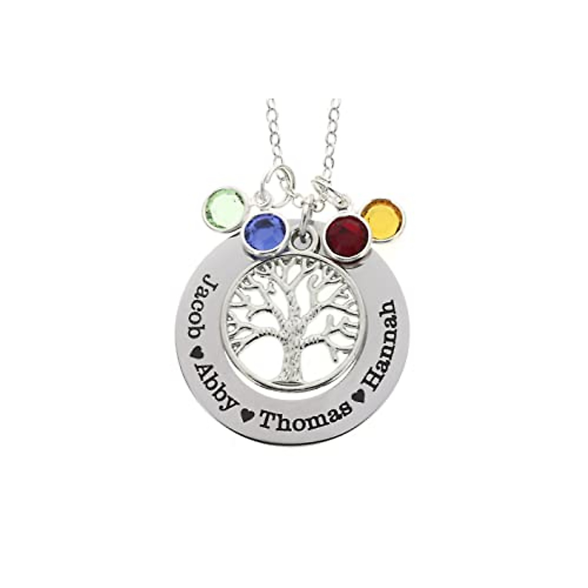Silver Family Tree Necklace - Personalized Engraved Childrens Names, Choose Birthstone Crystals, Grandma Christmas Gift - 32MM Washer - DGR-32W