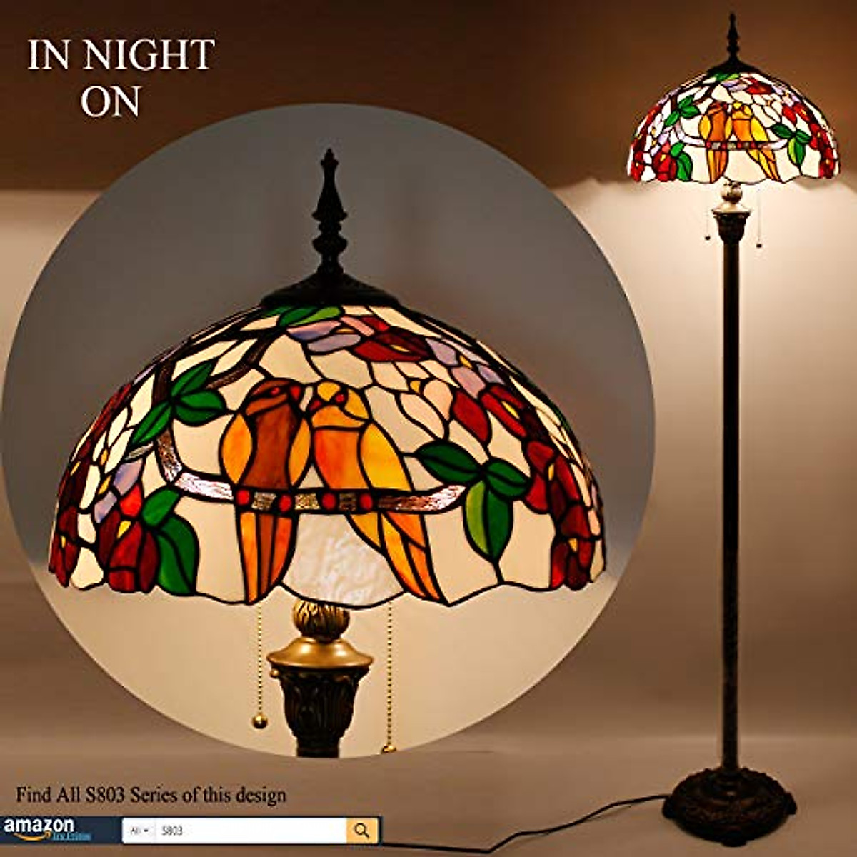 WERFACTORY Tiffany Floor Lamp Red Amber Tulip Flower Stained Glass Standing Reading Light 16X16X64 Inches Antique Pole Corner Lamp Decor Bedroom Living Room Home Office S030 Series