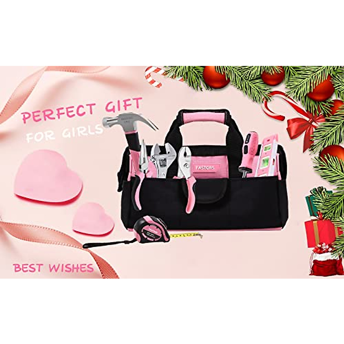 FASTORS Pink Tool Set,218-Piece Tools with Pink Tool Kit for Women Home Improvement,The Tool Set with 13-Inch Wide Mouth Open Storage Tool Bag,Can As a Great Gift for Women