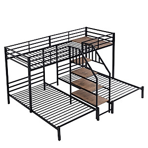 SOFTSEA L-Shaped Triple Bunk Bed for 3 Kids Twin Over Two Twin Metal Bunk Bed Frame with Storage Shelves Staircase, No Box Spring Needed