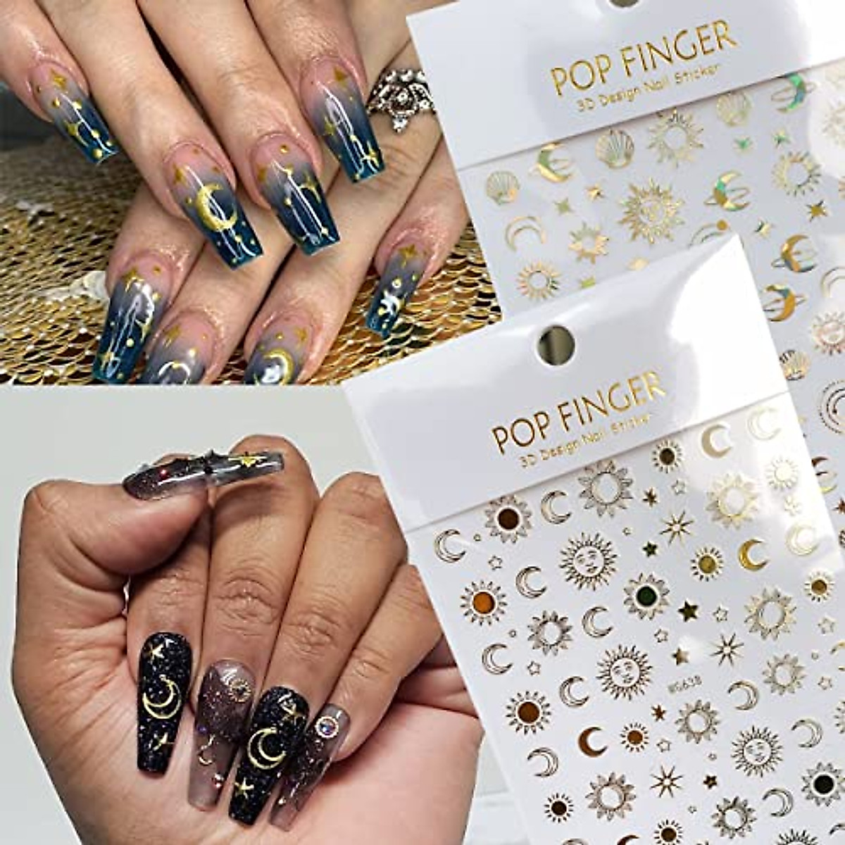 9 Sheets Laser Sun Stars Moon Nail Art Stickers Decals 3D Self-Adhesive Aurora Nail Decals Gold Sliver Designs Stars Nail Stickers for Women Nail Art Supplies DIY Luxury Designer Nail Decorations