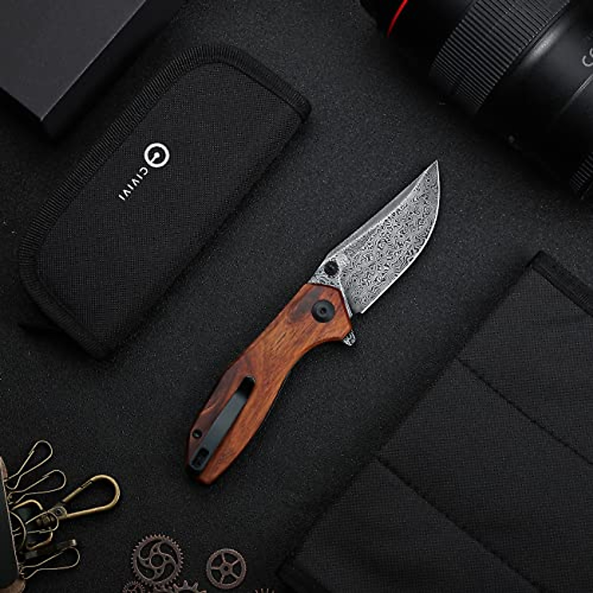 CIVIVI ODD 22 Pocket Knife for EDC, Tuffknives 2.97 inch Damascus Blade Cuibourtia Wood Handle with Thumb Stud and Reversible Pocket Clip, Folding Knife for Utility Hiking Camping Fishing Work Outdoor C21032-DS1