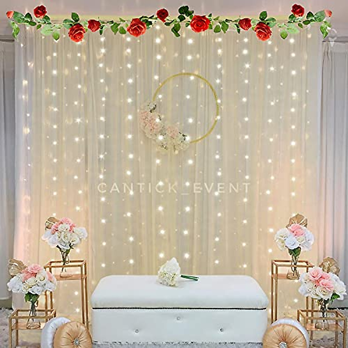 Champagne Tulle Backdrop Curtain with Lights String for Parites Wedding Sheer Backdrop Curtains for Bridal Shower Baby Shower Birthday Party Photo Shoot Background Wall Decorations 2 Panels 5×8ft