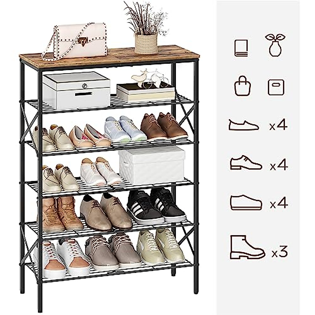 YATINEY 6 Tier Shoe Rack, Shoe Storage Organizer, Holds 24 Pairs of Shoes, Shoe Organizer for Closet, Iron Frame, Durable and Stable, Rustic Brown and Black SS06BR