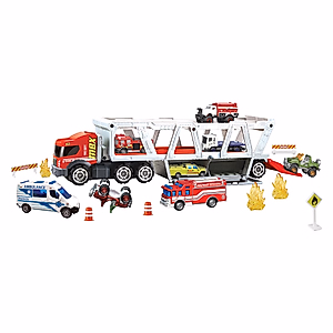 Matchbox Fire Rescue Hauler Playset Themed Hauler with 1 Fire-Themed Vehicle, Holds 16 Cars, Easy-Release Ramp, 8 Accessories & Storage, for Kids 3 Years Old & Up