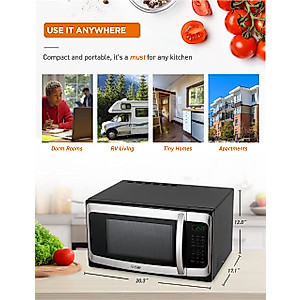 COMMERCIAL CHEF 1.1 Cu Ft Microwave with 10 Power Levels, Microwave 1000W with Push Button Door Lock, Countertop Microwave with Microwave Turntable and Digital Controls, Stainless Steel