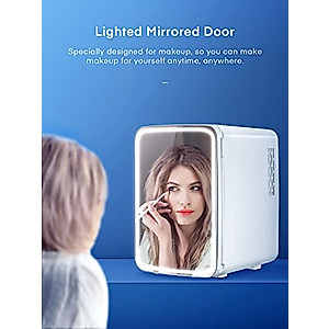 10 Liter/11 Can Mini Skincare Fridge with 3-Mode LED & Mirror, 110V AC/12V DC Portable Cooler & Warmer Small Refrigerator for Skin Care Cosmetic Makeup, Perfect for Office Bedroom Dorm Car, White