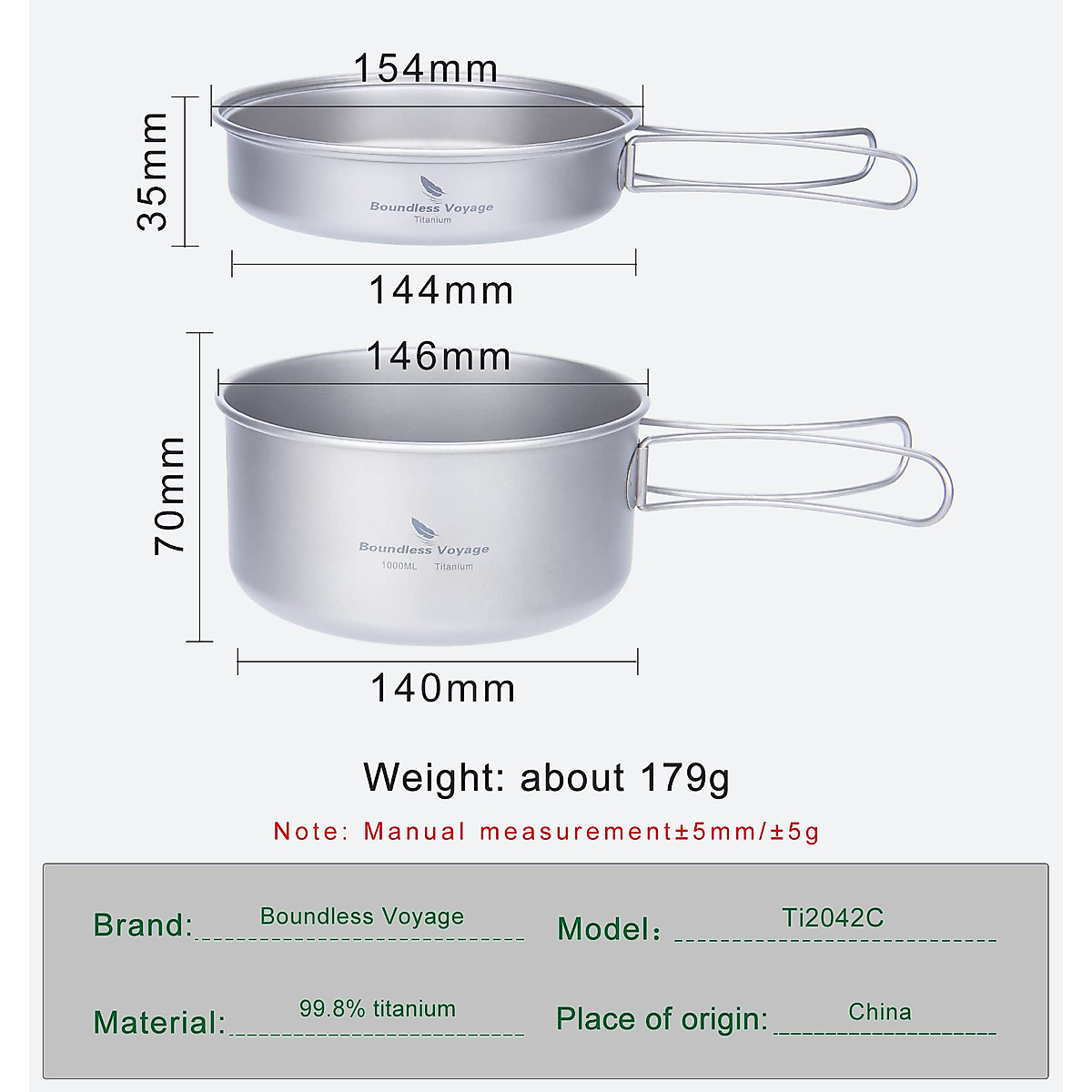 Boundless Voyage Titanium 2-Piece Pot and Pan Set 1000ml+500ml Folding Handle for Outdoor Camping Cooking Hiking Backpacking Portable Tableware Cookware