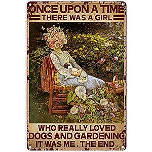 VDUEOJE Garden Iron Poster,A Girl Loves Dogs and Gardening,Vintage Tin Sign for Bedroom Home Hotel Bar Cafe Outdoor Wall Decoration 8x12 Inch